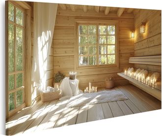 Islandburner Bild auf Leinwand Gemütliches hölzernes Saunainterieur mit Kerzenlicht für Sauna Wellness-Enthusiasten Spa Bilder Wandbilder Poster