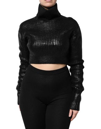 Dolce & Gabbana Womens Black Wool Long Sleeve Turtleneck Cropped Top Virgin