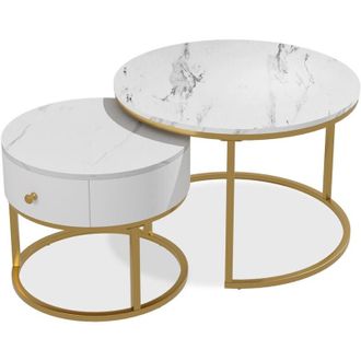 Vicco Couchtisch-Set Madrid, Marmor Wei&szlig;, 70 x 70 cm, kleiner Tisch mit Schublade, Vicco