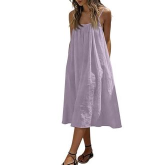 Generic Robes de vacances pour femmes, robe d&eacute;t&eacute; mi-longue, style boh&egrave;me, robe de tous les jours en m&eacute;lange de coton doux avec poches, robe d&eacute;t&eacute; fluide sans m