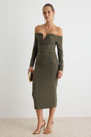 Trendyol Einfarbiges Maxikleid, 3/4-&Auml;rmel, figurbetont, elegant/Abend - Khaki