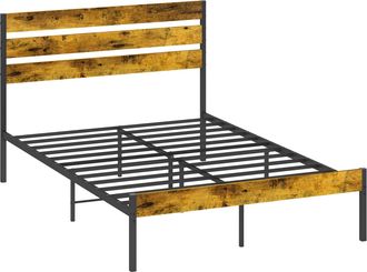 HOMCOM Doppelbettrahmen 140 x 200 cm Bett 2 Personen Industriebett Doppelbett mit Stauraum unter dem Bett, Lattenrost, Kopf- und Fußteil - aus Holz und Stahl