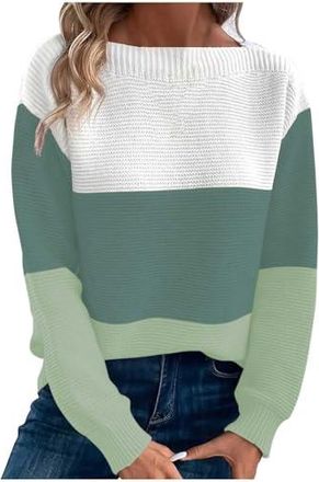 Generic Pull pour femme - Imprimé bloc de couleurs - Pull à manches longues - Col rond - Confortable - Pull en tricot ample - Pour sortir - Élégant - Taille U