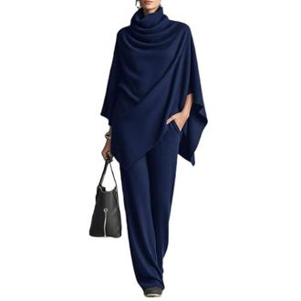 Generic Tenues 2 pi&egrave;ces pour femme - Col roul&eacute; - Ch&acirc;le - Chauve-souris - Hauts tricot&eacute;s - Cape - Poncho - Pantalon large - &Eacute;l&eacute;gant drap&eacute; - Ensemble deux pi&egrave;ce
