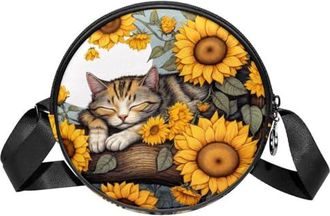 Generic Petit sac &agrave; bandouli&egrave;re rond pour femme, motif tournesol avec fermeture &eacute;clair, bretelles r&eacute;glables, style d&eacute;contract&eacute;, pour femmes et filles
