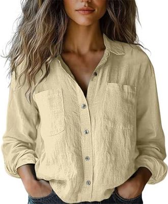 Generico Chemise Femme &Eacute;l&eacute;gant &agrave; Manches Longues Chemisier en Lin Coton Curvy Respirant Chemises Col en V Mode T Shirt Vintage Imprim&eacute; avec Boutons Doux Blouse