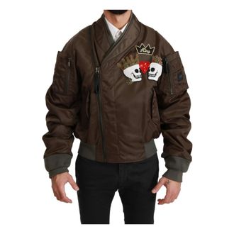 Dolce & Gabbana Braune Perlen Krone Sch&auml;del Logo Jacke - - Jackets - Herren - Braun - S