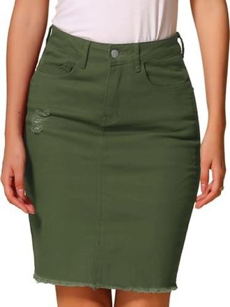 Allegra K Jupe Crayon d&eacute;contract&eacute;e en Jean pour Femme, Longueur Genou, Effet us&eacute; Olive Verte XS