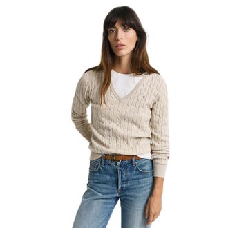 GANT Damen Stretch Cotton Cable V-Neck Pullover, Seed Melange, M EU