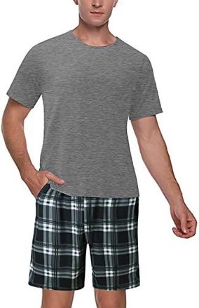 Generic Tux for Men Men Fashion Casual Round Neck Solid Color Short Plaid Manches Courtes Costume Pyjama Home Service Suite Slim Fit, gris, M