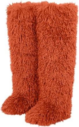 Generic Bottes dhiver en laine dagneau pour femme - Bottes hautes - Bottes longues avec bout rond - Bottes au-dessus du genou pour femme - 41, Orange, 43 EU
