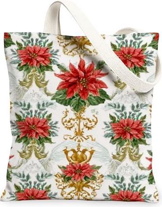Generic Sac fourre-tout de No&euml;l en toile &agrave; motif floral &eacute;l&eacute;gant, sac r&eacute;utilisable, vintage, l&eacute;ger et lavable, bandouli&egrave;re pour voyage, Rouge, 13x15 Inch