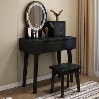 Generic Schminkstuhl, stilvolles schwarzes Frisiertisch-Set mit Schminkhocker, integriertem Aufbewahrungsschrank und Schublade, LED-Spiegel, Schreibtisch aus 