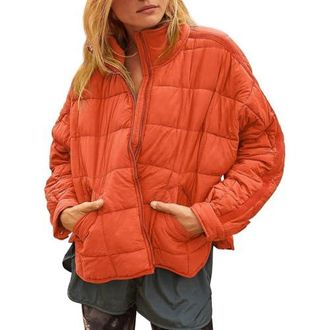 Generic Veste matelassée légère à manches longues et fermeture éclair intégrale pour femme avec poches, Orange, XL