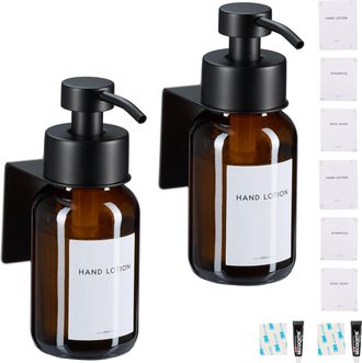Relaxdays Seifenspender, 2er Pack, 250ml, Braunglas, Edelstahl, Wandseifenspender zum Kleben, ohne Bohren, braun/schwarz