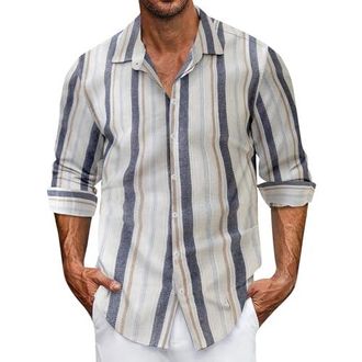 Generic Chemise Henley en coton et lin pour homme - Style d&eacute;contract&eacute; et tendance - Revers &agrave; rayures - Manches longues - L&eacute;ger, gris, XXL