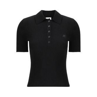 Courr&egrave;ges Geripptes Strick-Poloshirt - - Tops - Damen - Schwarzk - XS