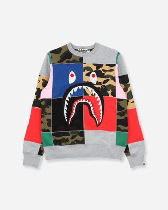 A Bathing Ape Men s Patchwork Shark Wide Crewneck Sweatshirt Multicolor