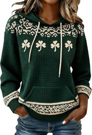 Generic Sweat &agrave; capuche oversiezd pour femme - Pour la Saint-Patrick - En tricot - Motif tr&egrave;fle irlandais - Manches longues - Pull ample - Tr&egrave;fle porte-bonheu