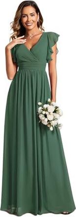 Ever-pretty Robe de Soirée Dos Nu pour Femme Manches Volantées Mousseline Col V Plissé Robe de Demoiselle dhonneur Longue Élégante Vert Eucalyptus 52