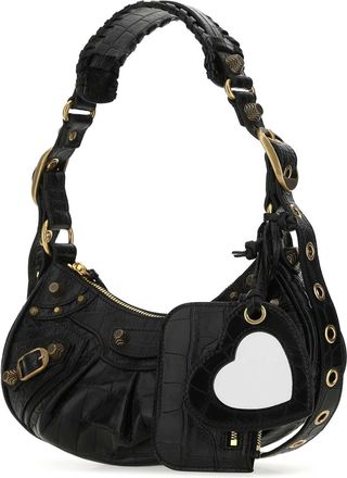 Balenciaga Crocodile-Embossed Calf Leather Shoulder Bag - Black