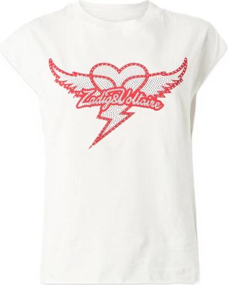 Zadig&Voltaire Femme, Tops, Blanc, Taille: 38 FR Cloe Hc Heart Wings Rhinestone T-shirt