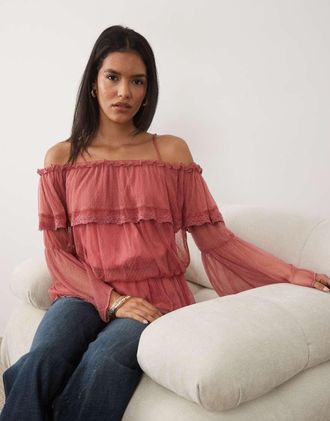 Miss Selfridge blouse &agrave; volants bardot en dobby rose poudr&eacute;-Neutre