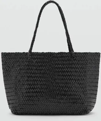 Mango Sac cabas en cuir tress&eacute; noir - Femme - Taille unique - MANGO