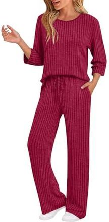 Generic Pyjama deux pièces pour femme - Tenue de détente 2025 assortie - Haut à manches longues - Pantalon large - Confortable, rose vif, XXL