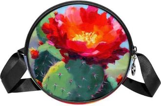 Generic Sac &agrave; bandouli&egrave;re rond pour femme, motif cactus rouge, petit sac &agrave; bandouli&egrave;re avec fermeture &eacute;clair, bretelles r&eacute;glables, sac &agrave; main rond d&eacute;contract&eacute;