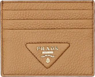 Prada Portemonnaie - Textured Leather Card Holder With Gold-Tone Emblem - Gr. unisize - in Beige - f&uuml;r Damen