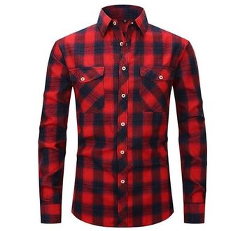 Generic T-shirt &agrave; manches longues pour homme - Chemise &agrave; carreaux d&eacute;contract&eacute;e &agrave; carreaux - Chemisier &agrave; revers boutonn&eacute; r&eacute;gulier - Robe de mariage - T-shirt d