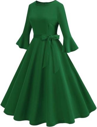 Generic Robe &agrave; manches cloches et col rond pour femme - Couleur unie - No&euml;l - Halloween - R&eacute;tro - &Eacute;l&eacute;gante - Robe en dentelle pour femme, Vert, XXL