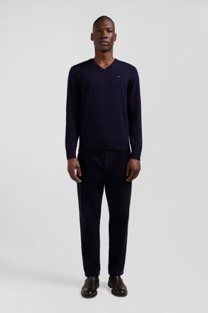 Eden Park Pull Col V En Laine Et Coton Bleu Marine Demi-lune Cercl&eacute;e Coupe Regular