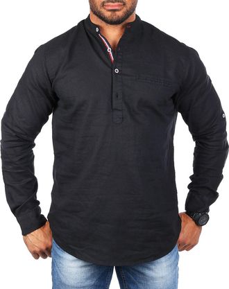 Carisma Herren Stehkragen Tunika Hemd Langarm Baumwoll Leinen Mix Uni körperbetont legere 8443, Grösse:3XL, Farbe:Schwarz