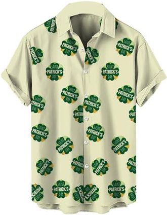 Generic DENGJIAMY Chemise amusante pour homme &agrave; manches courtes boutonn&eacute;es pour la Saint-Patrick - Chemisier hawa&iuml;en &agrave; rayures verticales, beige, 5XL