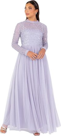 Maya Womens Maxi Dress Ladies Modest High Neck Long Sleeve Tulle Sequin Embellished A-line Wedding Guest Bridesmaid Prom, Distel-Lila 40