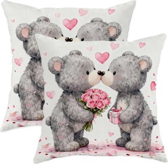 Generic B&auml;ren, Romantisch, Verspielt, Herzen, Rosen Kissenh&uuml;llen Weich Dekokissenbezug Quadratische Zierkissenbezug F&uuml;r Bett Sofa Hotel 45X45Cm 2Er Set