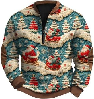 Generic Pull de Noël moche amusant Père Noël imprimé quart de fermeture éclair pull à manches longues pour homme Pull de Noël graphique 1/4 fermeture éclair S
