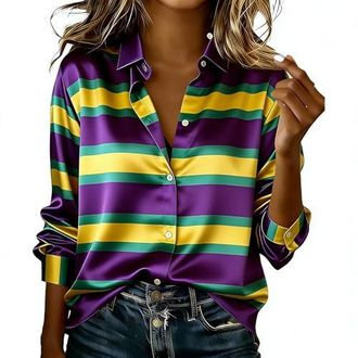 Generic Tenue de Mardi Gras pour femme avec col &agrave; revers et col en V boutonn&eacute; en soie ray&eacute;e sans plis - Chemisier daffaires d&eacute;contract&eacute; pour le bureau, le tra