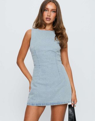 Princess Polly Ainsleigh - Mini-Jeanskleid in Hellblau mit hohem Baumwollanteil und Bindedetail am R&uuml;cken