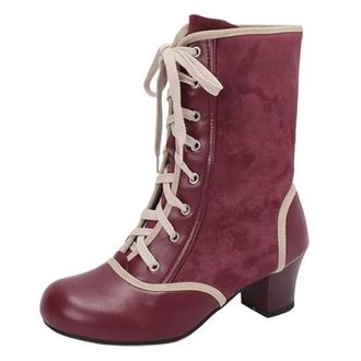 SJJH Bottes &agrave; talon bloc pour femme - Bout rond - La&ccedil;age r&eacute;glable - Talon de 5,5 cm - Daim synth&eacute;tique, bordeaux, 41 EU
