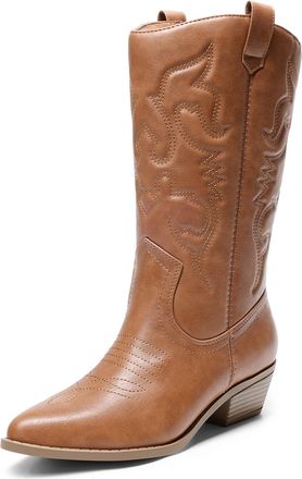 Dream Pairs Damen Cowboy Stiefel, Kn&ouml;chelhohe Cowgirl Stiefel mit Stickerei, Western Chunky Niedrigabsatz Schuhe,Size 36.5,Br&auml;unen,SDMB2218W