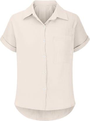 Generic Chemise en lin pour femme - Manches courtes - Col en V - Boutonn&eacute; - D&eacute;contract&eacute; - En mousseline - Chemisier basique - L&eacute;ger et respirant - Chemisier d