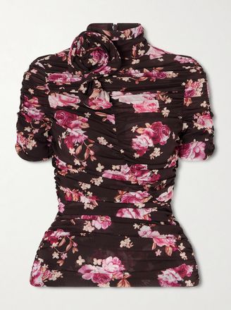 Magda Butrym Gerafftes Oberteil Aus Stretch-seide Mit Blumenprint Und Stehkragen - Braun