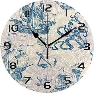 TropicalLife COZYhome Horloge murale moderne vintage en forme de bateau &agrave; voilier, monstre de mer, silencieuse, fonctionne &agrave; piles pour salon, chambre, cuisine, bu