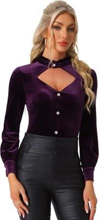 Allegra K Chemise à col Montant à Volants pour Femmes Chemisier Gothique élégant à Manches Longues en Velours Prune Violet M