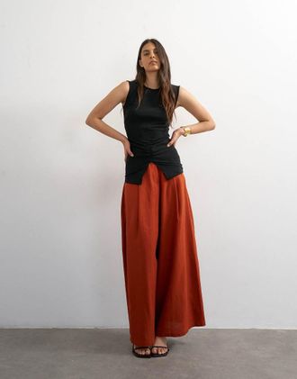 Topshop Pantalon large coupe trap&egrave;ze en lin - Rouille-Orange