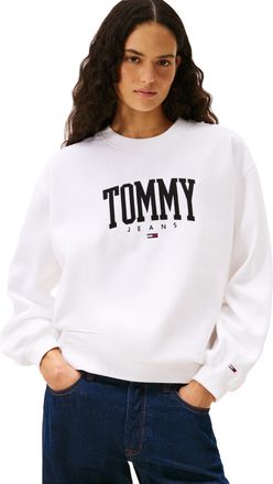 Tommy Jeans Damen-Pullover, mittelschwer, Rundhalsausschnitt mit aufgedrucktem Logo, Optisches Wei&szlig;, XS