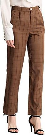 Allegra K Pantalon à Carreaux pour Femmes Taille élastique Pantalon de Travail décontracté Grille de Lignes Marron foncé et Noir M